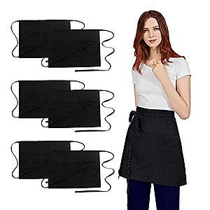 Hi loyaya Waitress Apron for Women Men - Set of 6 Black Half Waist Aprons with Pockets for Chef Waiter Server Baker Kitchen Restaurant (Large)
