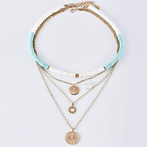Gangel White Heishi Surfer Choker Layered Necklace Gold Flower Helios Necklace Choker Summer Pendant Jewelry for Women
