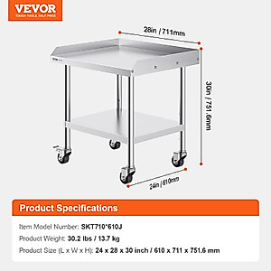 VEVOR Stainless Steel Work Table, 24 x 28 x 30 Inch Commercial Food Prep Worktable with 4 Wheels, Casters, 3-Sided Backsplash Heavy Duty Prep Worktable, Metal Work Table for Restaurant Home Hotel