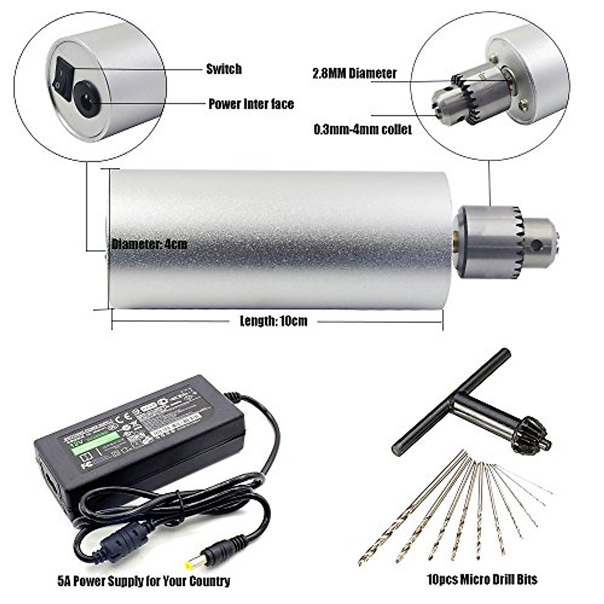 Yakamoz 0.3mm - 4mm Micro Aluminum Portable Handheld Drill DIY PCB Mini Electric Hand Drill with 5A Power Supply & 10pcs Micro Drill Bits