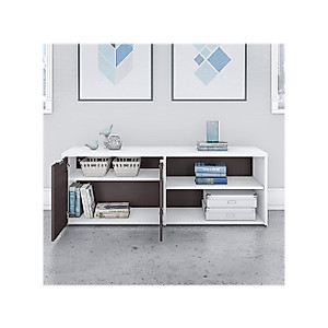 Bush Furniture Low Wide Cabinet with Doors and Shelves | Jamestown Collection Storage Chest with Satin Nickel Handles, 60W, Storm Gray/White