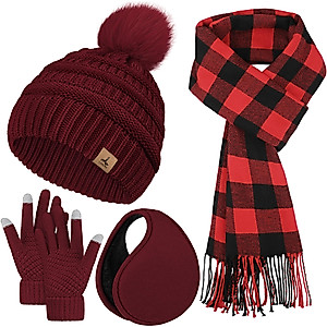 Winter Hat Scarf Gloves and Ear Warmer, Knit Warm Beanie Hat Touch Screen Gloves Long Knitted Plaid Scarf Set Gifts for Women Wine Red
