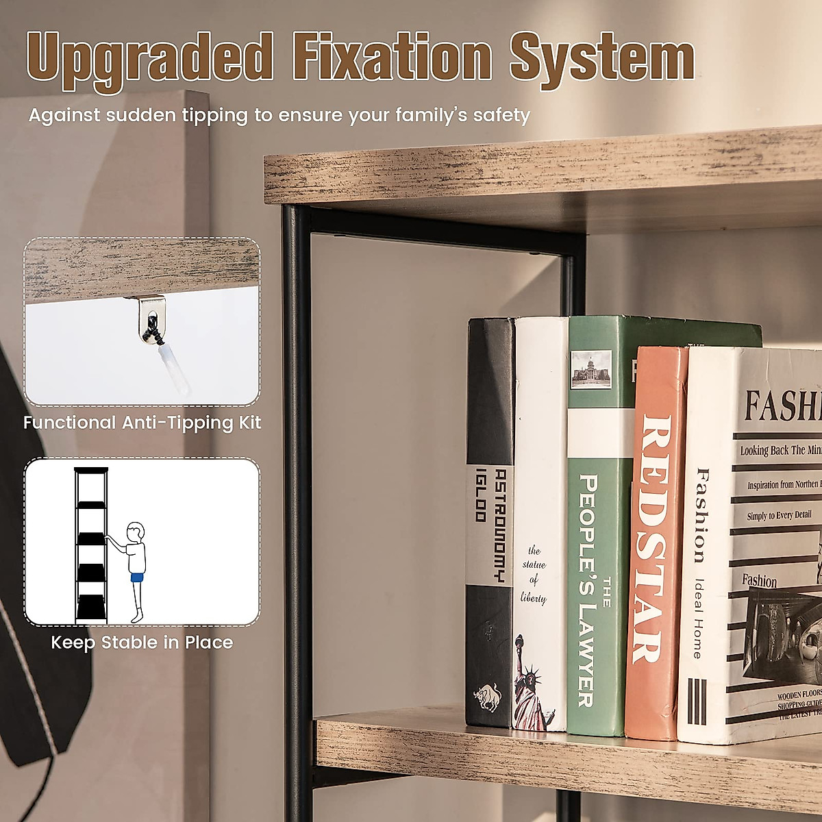 Tangkula 5-Tier Bookcase, Rustic Industrial Bookshelf, Decor Accent Display for Home, Office, Living Room, Bedroom, Wood Shelves w/Metal X-Shaped Frame, Display Bookshelf (Grey)