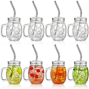 Hiceeden 8 Pack Glass Mason Jars with Lids and Straws, 16 Oz Mason Jar Drinking Glasses with Handle, Mason Mugs Cups with Honeycomb Pattern for Juice, Iced Coffee, Milk Tea, Smoothie, Cocktail