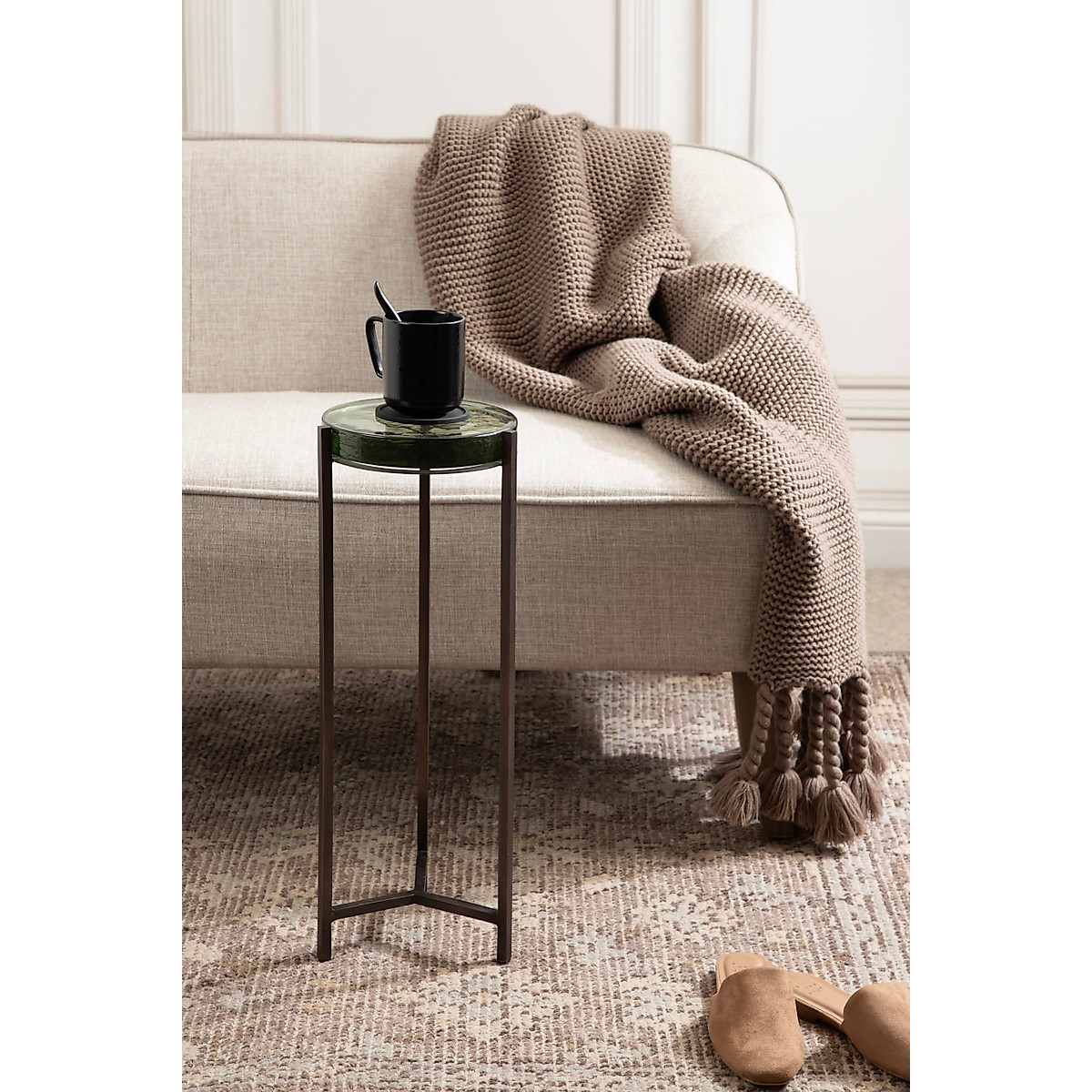 Kate and Laurel Aguilar Modern Drink Table, 9 x 9 x 23, Sage Green Glass and Bronze, Unique Round Glass Mini Table for Use as Bathroom Accent Table or Pedestal Martini Table