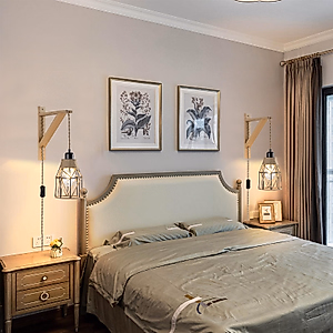 MUEOF Industrial Plug in Wall Sconce Set of 2, with 8.2ft Hemp Rope Cord, On/Off Switch,Farmhouse Wall Light with Metal Shade and Wood Bracket for Bedroom Living Room.