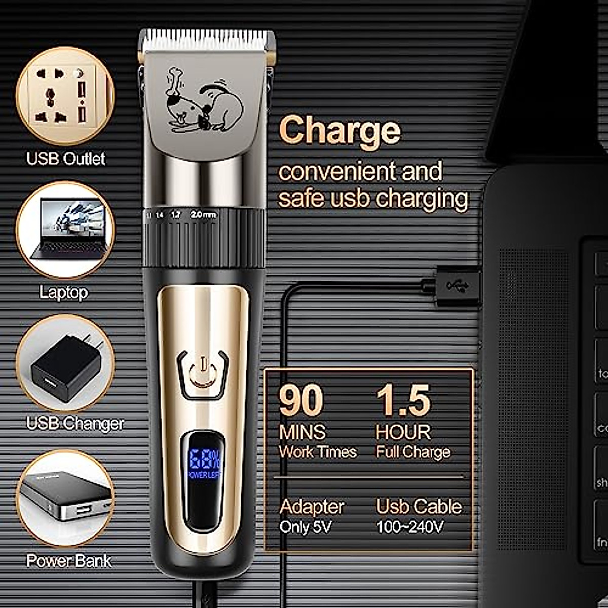 AJELU Dog Clippers, Cordless Low Noise Rechargeable Electric Dog Grooming Clipper Kit, Adjustable Clipper Comb & Detachable Blades Dog Trimmer, Suitable for Dogs, Cats, Pets