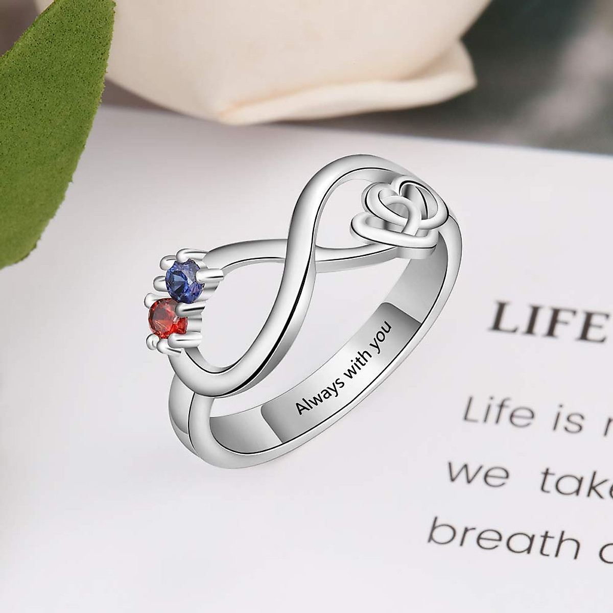 Molywoo Personalized Infinity Symbol Rings Double Hearts Best Friend Promise Rings with 2 Round Shape Simulated Birthstones Engraved Name Rings for Women Love Forever (6)
