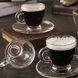 GURUDAR Espresso Cups with Saucers and Spoons Set of 6, Glass Demitasse Cups for Cappuccino Latte Café Mocha Tea and More Beverage, 3.2OZ/95ML, Clear