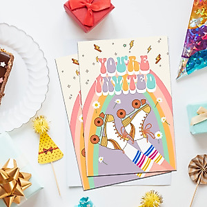 Retro Roller Skate Birthday Party Invitations with Envelopes Set of 20 Let's Roll Skating Party Invitations Kids Rainbow Skate Invites Fill in Blank