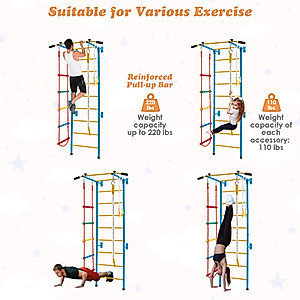 Costzon 5 in 1 Climbing Toys for Toddlers, Indoor Kids Gym for Exercise, Steel Ladder Wall Set with Wall Ladder, Pull-up Bar, Climbing Rope and Gymnastic Rings, Climber Ladder Toys Boys Girls Gift