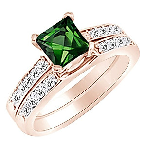 AFFY 1.35 cttw Simulated Green Emerald & White Natural Diamond Engagement Wedding Ring Set in 14k Rose Gold with Ring Size 4