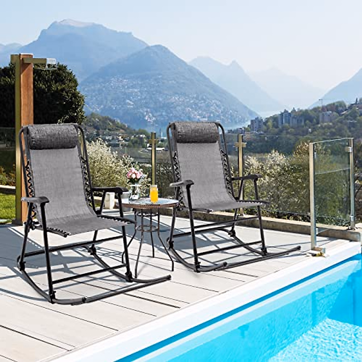 Goplus Folding Rocking Chair, Zero Gravity Rocking Camping Chair with Pillow & Armrests, Folding Lounge Rocker for Outdoor Beach Poolside Yard Garden Indoor