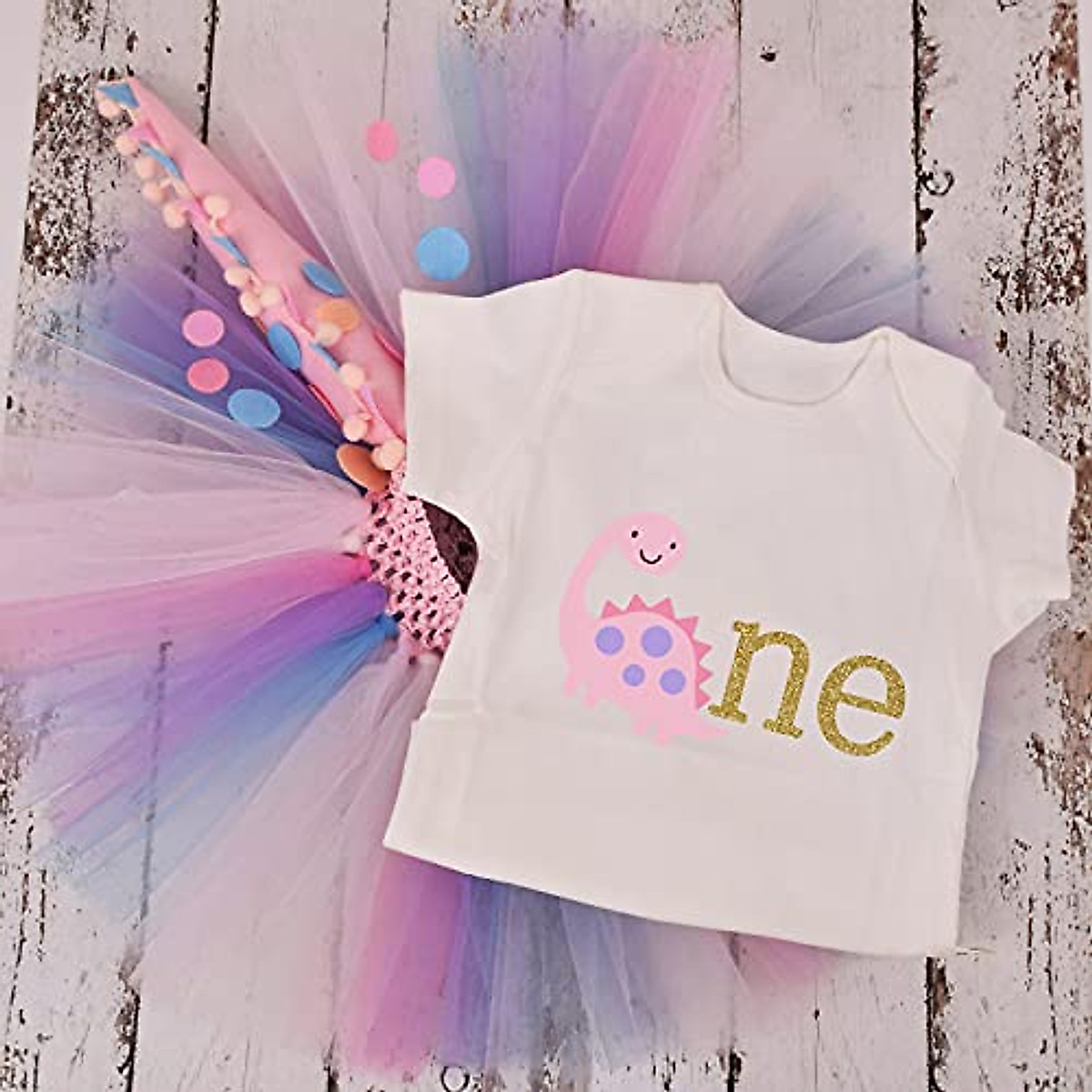 Gouldianfinch Infant Baby Girls 1st Birthday Outfits Dinosaur Printed Romper + Tutu Skirt with Tail Toddler Princess Dress (12-18M)