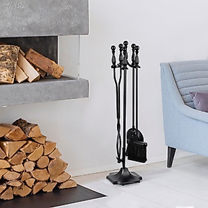 JupiterForce 5 Pieces Fireplace Tools Sets Indoor Outdoor Wrought Iron Large Fire Place Set Tools, Fire Pit Tools with Poker Shovel Tongs Brush and Stand, Black