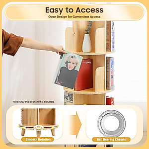 NOPTEG Rotating Bookshelf, 6 Tier Solid Wood 360 Display Floor Standing Bookcase Storage Rack, Free Standing Wood Bookcases for Kids&Adults Multi-Functional Bookshelf Organizer