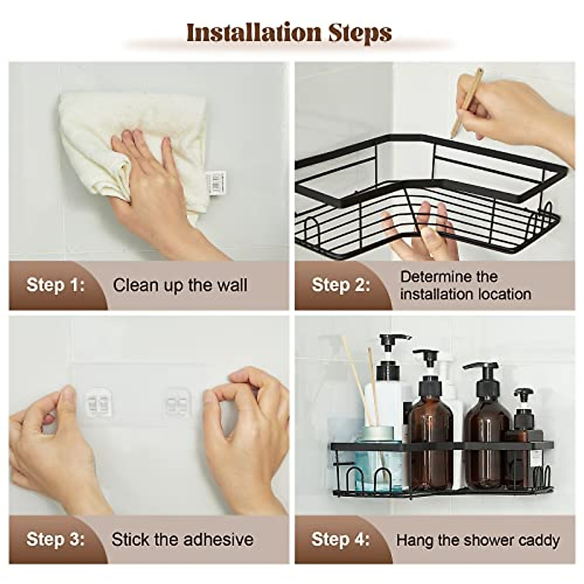 8 Pcs Adhesive Corner Shower Caddy Set 3 Stainless Steel Bathroom Shower Organizer Shelves Rustproof Shower Shelf Rack 2 No Drilling Soap Holder for Shower Wall 1 Toothbrush Holder 2 Towel Bar, Black