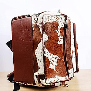 SpazeUp Cowhide diaper bag backpack - Cowhide Backpack Hair On Brown and White Knapsack Travel Shoulder Bag Dark Brown & White