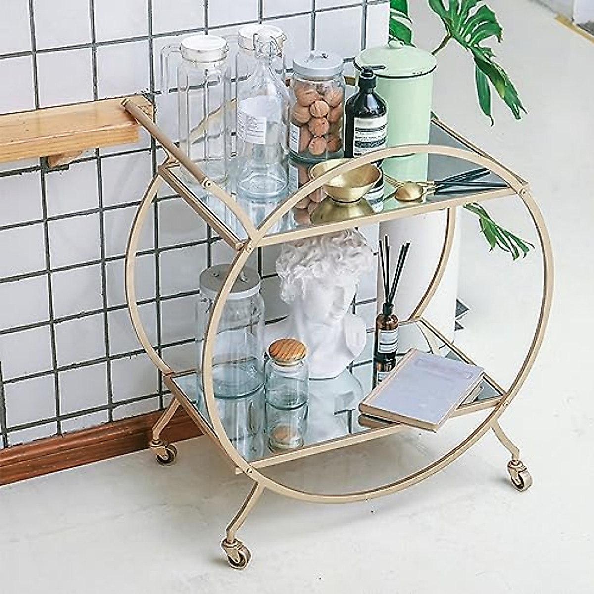 VLOBAOM 2-Tier Round Bar Serving Cart with Mirror Glass Shelves, Golden Dining Car Trolley, Standing Shelf Units, Flower Stand Display Rack,27''Dx15''Wx29''H,Gold