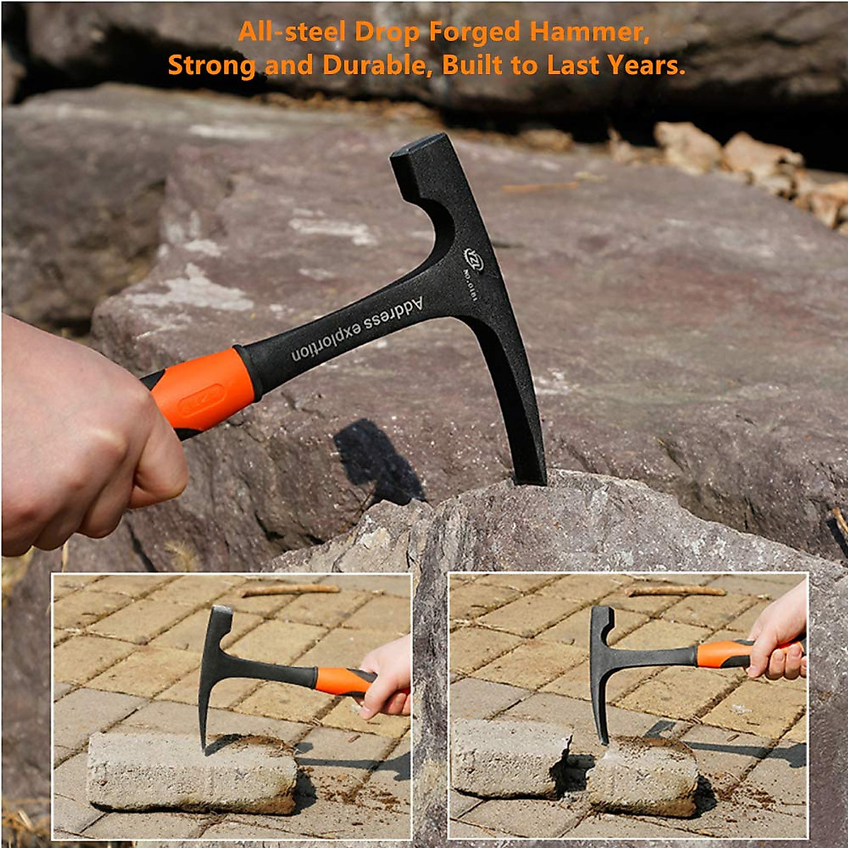 Forged Brick Hammer, Geologist Rock Pick, Bricklayer's/Mason's Hammer - 30 oz Masonary Tool with Forged Steel Construction & Shock Reduction Grip