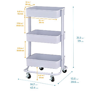 ECR4Kids 3-Tier Metal Rolling Utility Cart, Multipurpose Storage, White