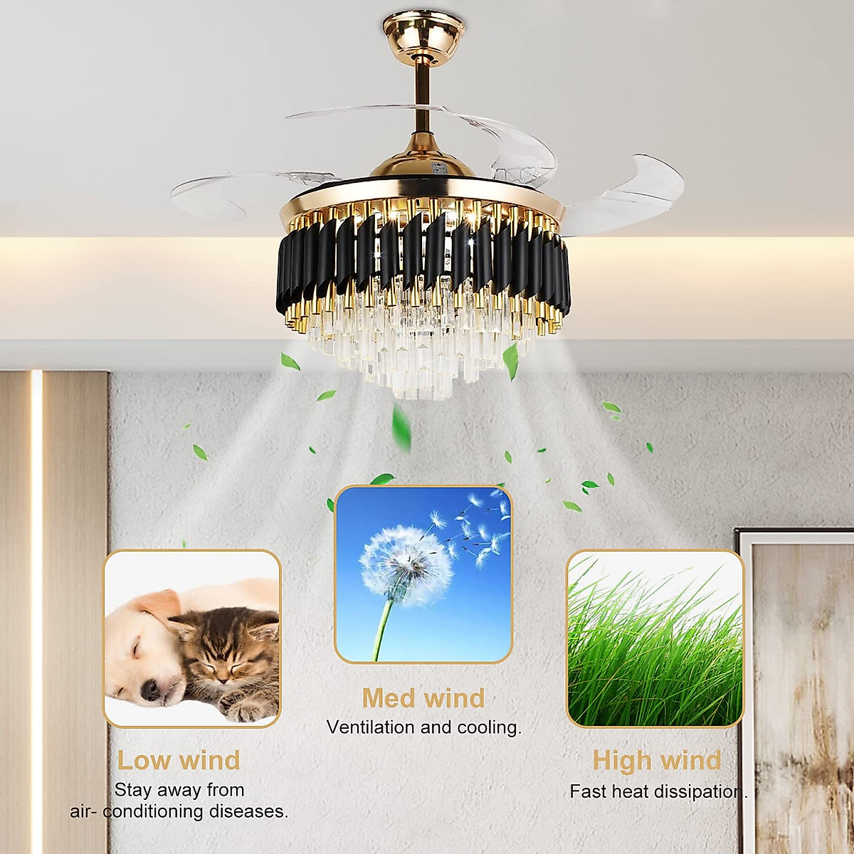 MoreChange 42" Fandalier Ceiling Fans with Lights Retractable Blades Remote Control Modern Chandelier Ceiling Fan 3 Speeds 3 Color Changes Lighting Fixtures, Silent Motor with LED Kits(Gold+Black)