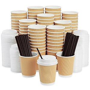 Juvale 100 Pack 8 oz Insulated Disposable Coffee Cups with Lids - Kraft Paper Cup with Stirring Straws for Hot Drinks, Beverages