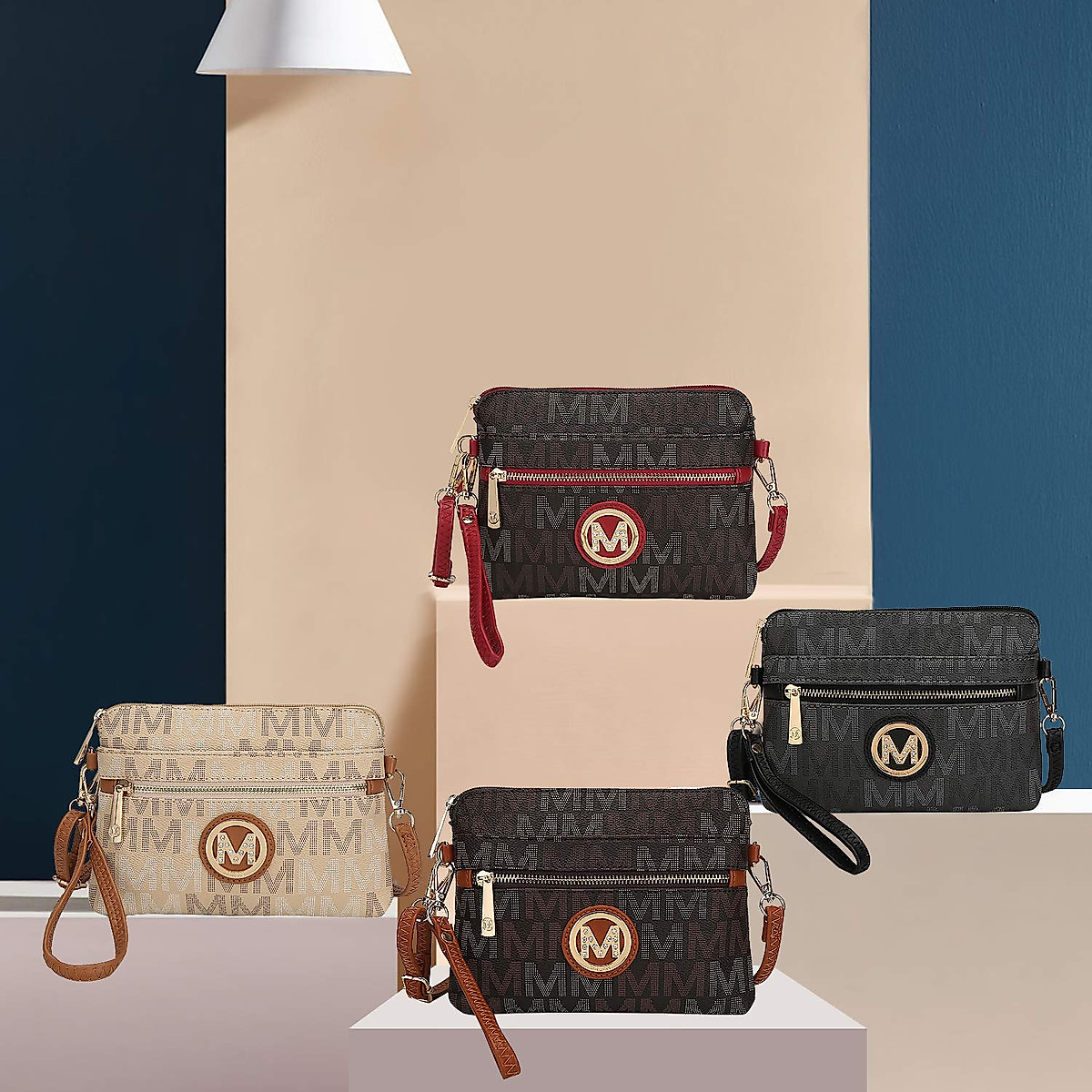 Mia K. Collection Wristlet Crossbody for Women, PU Leather Bag - Multi-Zipper Small Handbag Purse Beige