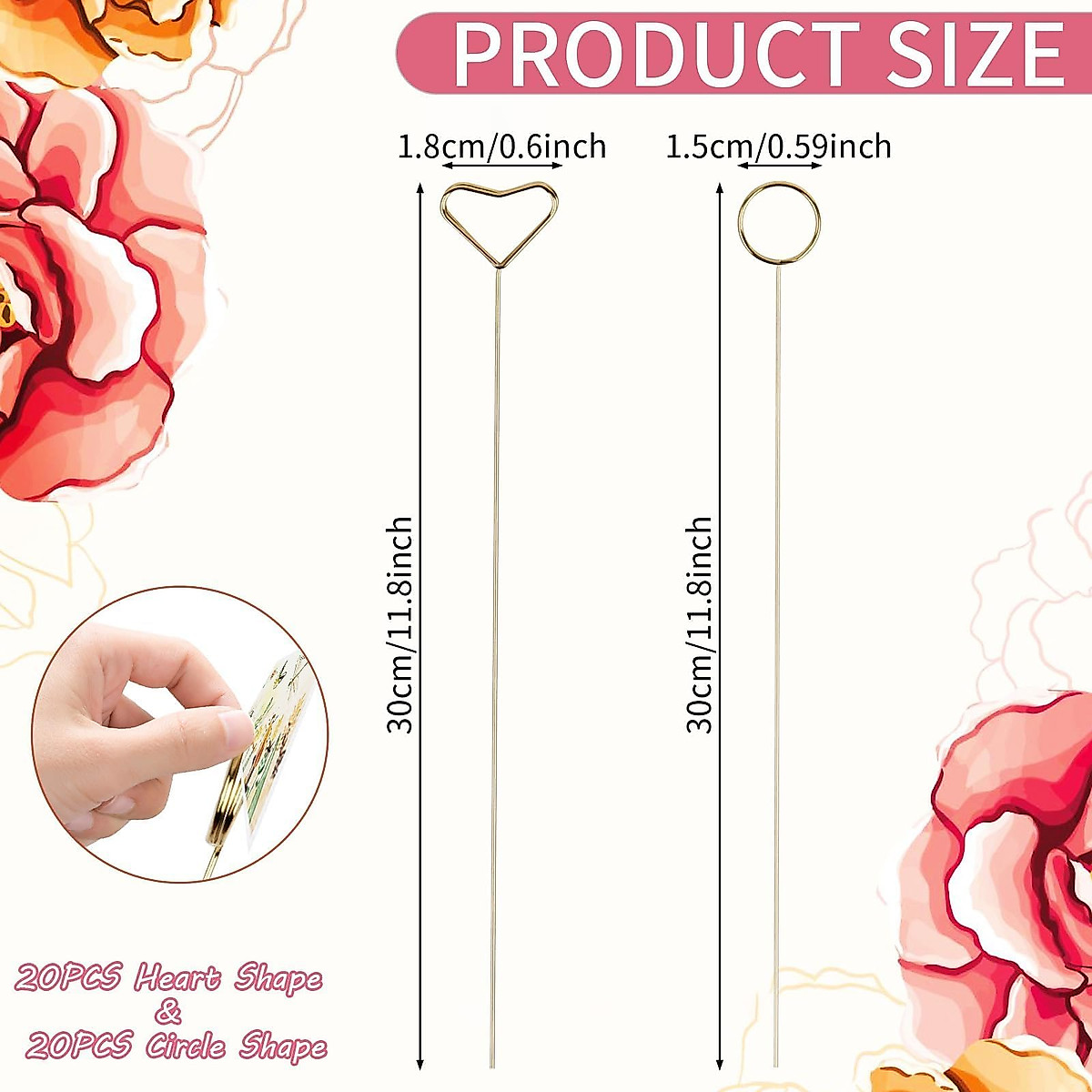 40PCS Floral Card Holder Picks, 11.8 Inch Metal Floral Picks Picture Holders, Gold Round Floral Place Gift Card Holder Card Holder Stick, Gift Card Holder for Bouquets, Wedding, Party