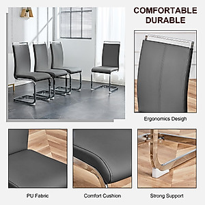 Pvillez 63" Marble Dining Table Set for 4, Modern Dining Room Kitchen Table with 1.57" Faux Marble Top & 4 PU Leather Upholstered Gray Dining Chairs, 5 Piece Dining Table Set for Dining Kitchen