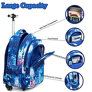 Oruiji Large Rolling Backpack for Boys Backpack with Lunch Box Pencil Case Galaxy Wheeled Backpack Carry on Luggage for Teen Boys