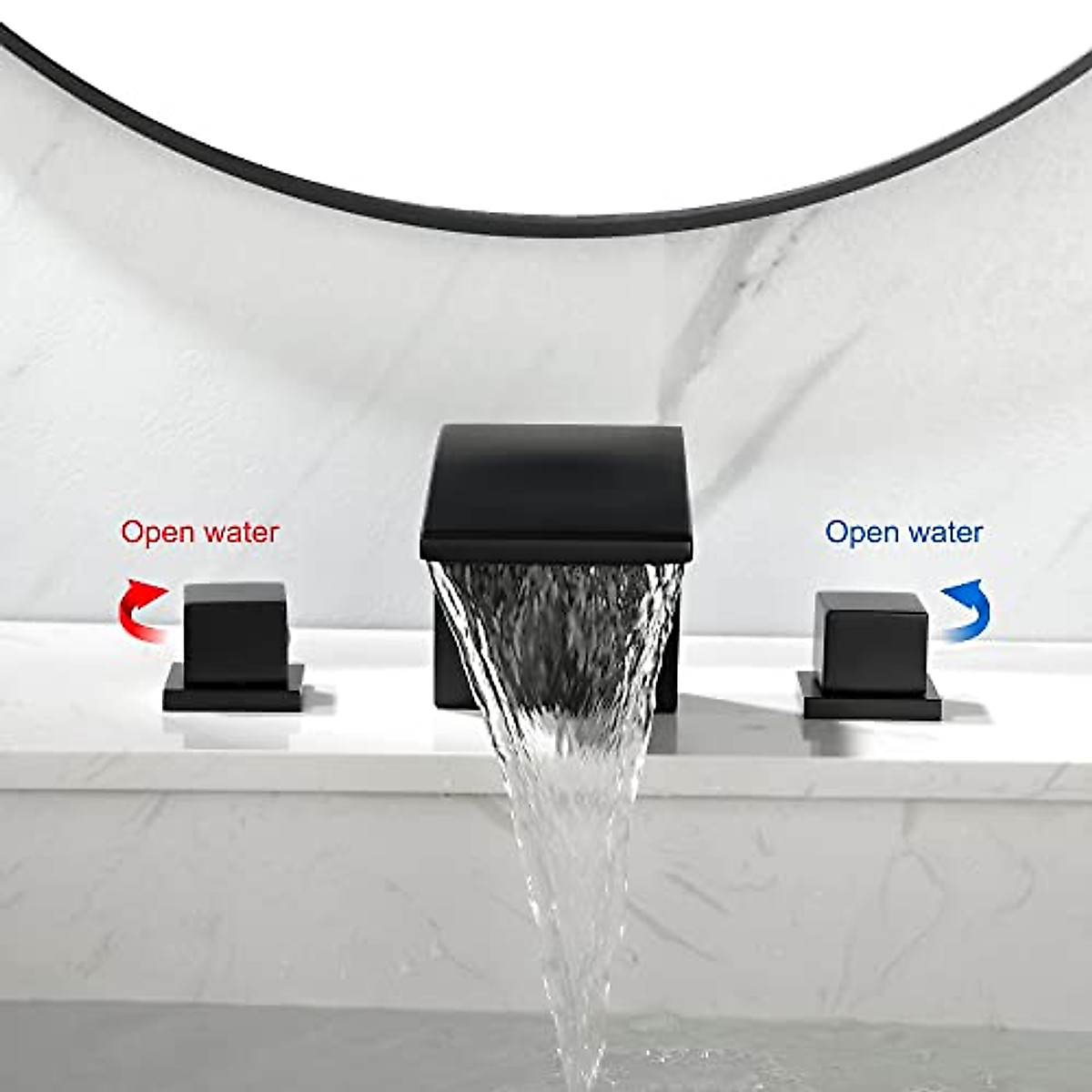 SHAMANDA Waterfall Bathroom Faucet 3 Hole, 2 Square Handle Widespread Rv Lavatory Sink Faucet with cUPC Water Supply Lines, Solid Brass, Matte Black, LB401-7