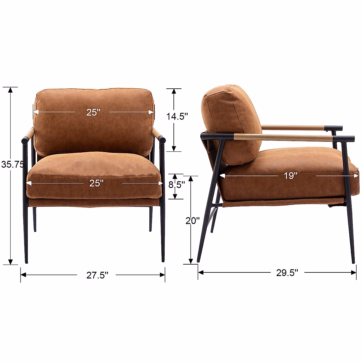 Ya-Home Mid-Century Accent Chair, Soft Armchair PU Leather Lounge Chair with Black Metal Legs, Upholstered Leisure Chair for Living Room Bedroom Reception Room, 1PC, Brown