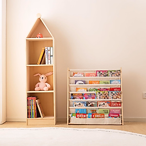 Wooden Bookshelf for Kids Wood Bookrack Canvas Book Storage Shelf Display Bookshelf 6 Tier Kids Book Rack for Bedroom Living Room Playroom Storage Organizer Natural (29.52" L x 11.81" W x 31.10" H)