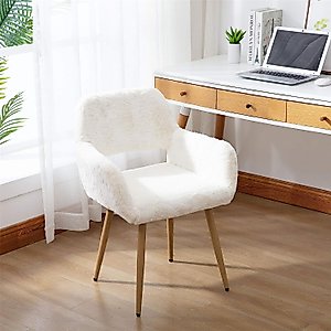 Modern Faux Fur Home Office Chair, Fluffy Chair Makeup Vanity Chair for Girl Teen Girls, Desk Chair with Armrest, Dining Chair Cute Armchair with Wood Finish Metal Legs, White