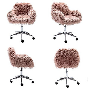 SSLine Desk Chair Faux Fur Task Chair,Modern Cute Accent Armchair Office Chair,Comfy Fuzzy Swivel Makeup Stool Desk Chair with Wheels for Living Room/Bedroom/Dressing Room,Pink