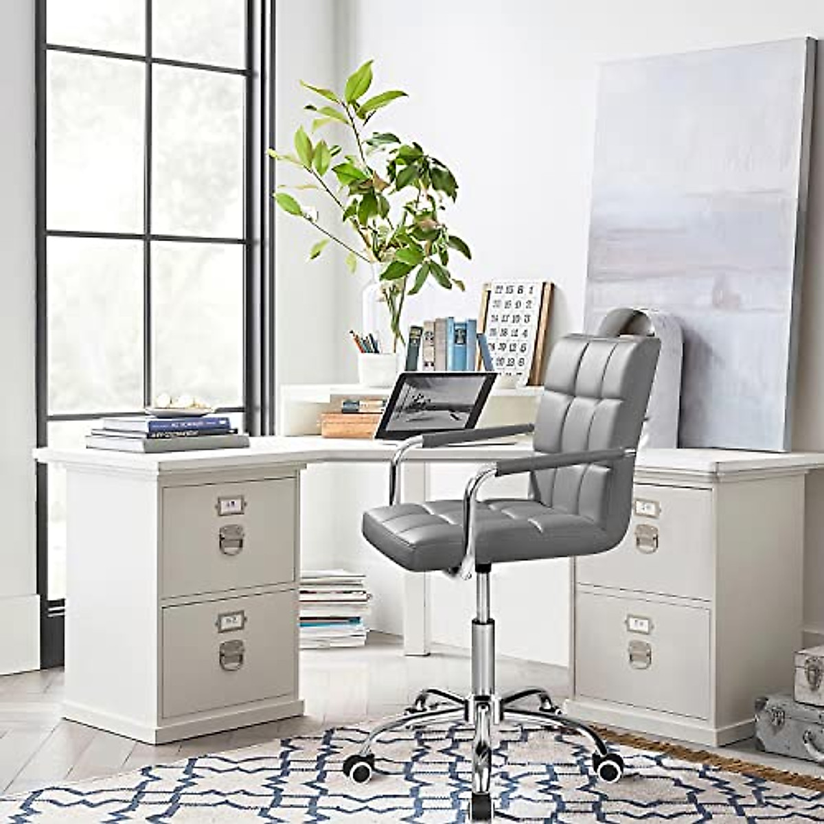 Furmax Mid-Back Office Task Chair Ribbed PU Leather Executive Chair Modern Adjustable Home Desk Chair Retro Comfortable Work Chair 360 Degree Swivel with Arms (Grey)