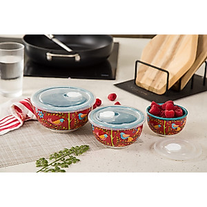 Bico Red Spring Bird Ceramic Bowl with Air Tight Lid Set of 3(27oz, 18oz, 9oz each), Prep bowls, Food Storage Bowl for Salad, Snacks, Fruits, Microwave and Dishwasher Safe