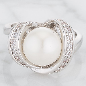 Kate Bissett Rhodium Plated Pearl Ring with Round Cut Clear CZ Surrounding a Large Pearl Center stone Size 6
