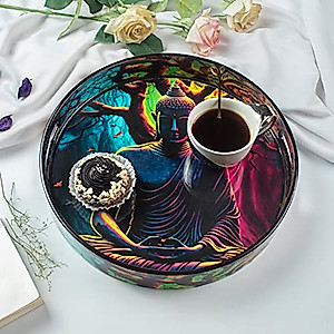 Crocon Decorative Round Serving Tray for Coffee Table Breakfast Buddha Printed Ottoman Tray Candle Holder Multipurpose Centerpieces for Dining Room Home Décor Makeup Drawer Organizer 12 Inch