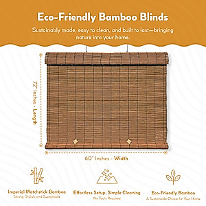 Radiance Core Free Bamboo Shades for Porch, Patio & Sunroom - Imperial Matchstick Bamboo Blinds for Light Filtering - Roll-Up Bamboo Blinds for Outside Mount - Brown - 60" x 72" - (1108119)