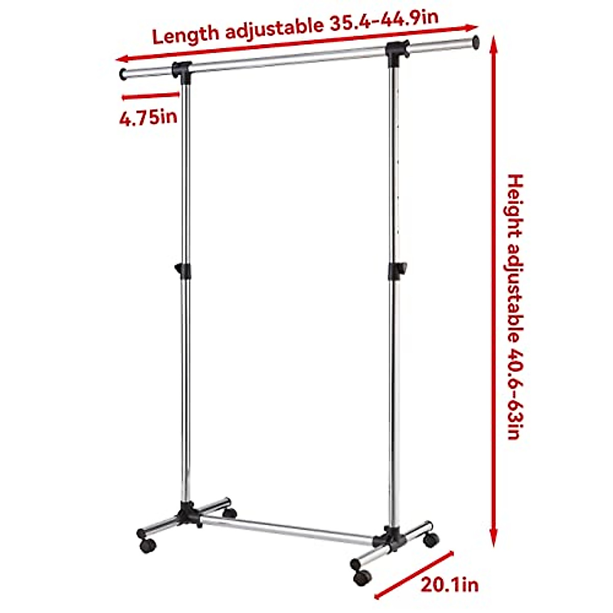 LiaMeE Freestanding Rolling Adjustable Clothes Rack for Wardrobe with Single Bar, Laundry Room Organization Shelves, Vertical Hanging Rack for Commercial Displaying, L44.9 x W20.1 x H63 in