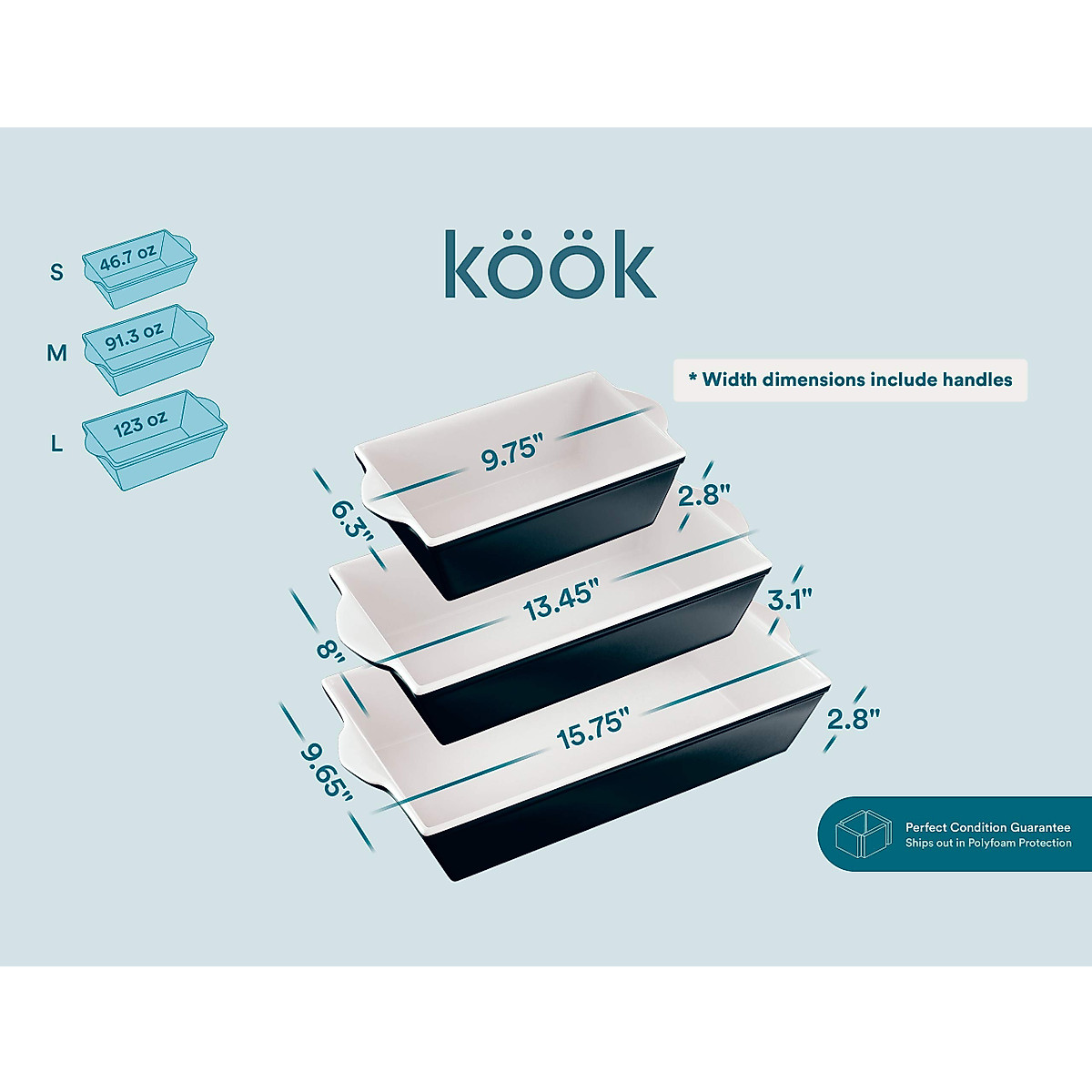 Kook Ceramic Bakeware Set, Rectangular Baking Dishes, For Casseroles, Lasagna, Cake, Small, Medium & Large Pans, Microwave & Dishwasher Safe, Set of 3 (Navy)