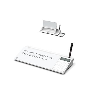 TOWON Desktop Glass Whiteboard with Basic Calculator, 12 Digit LCD Display, Desk Organizers with Accessories for Office, Home, School Supplies, Storage with Dry Erase Board Surface, White, 18'' x 6''