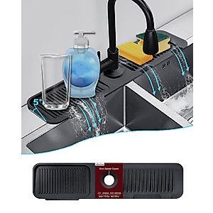 Abulun 5°slope kitchen sink splash guard-silicone faucet mat handle drip catcher tray-faucet splash guard for kitchen sink-longer black rubber sink water splash guard behind faucet