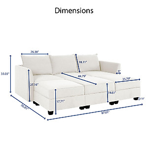 Naomi Home Elizabeth Modular Sofa Sectional Sleeper Couch with Ottoman Linen - 6-Seater Sofa with Storage Seat - Convertible Sectional Sofa Couch Bed for Living Room - White