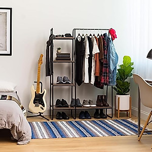 IRIS USA Clothes Rack for Hanging Clothes with 4 Wood Shelves, Freestanding Clothing Rack, Easy to Assemble Garment Rack, Metal, Sturdy Design, Multipurpose, Small Space Storage Solution, Black