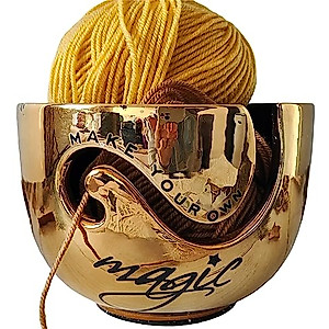 Ceramic Yarn Bowl for Crochet and Knitting Accessories - Best Yarn Holder - Fits Extra Large Yarn Ball or 4 to 5 Small Balls - for Knitters and Crocheters 6.5’’ x 4.5" (Gold/Black)