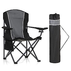 HIGH POINT SPORTS Oversized Camping Folding Chair, Heavy Duty Outdoor Chair with Armrest, Portable Lawn Chair with Cup Holder for Adults Support 350 LBS, Gray-Black
