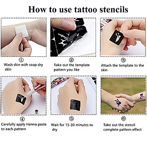 QSTOHENA Pack of 12 Henna Temporary Tattoo Stencil Kit - 145Pcs Glitter Airbrush Tattoo Sticker Indian Arabian Black Henna Tattoo Temp for Women Kids